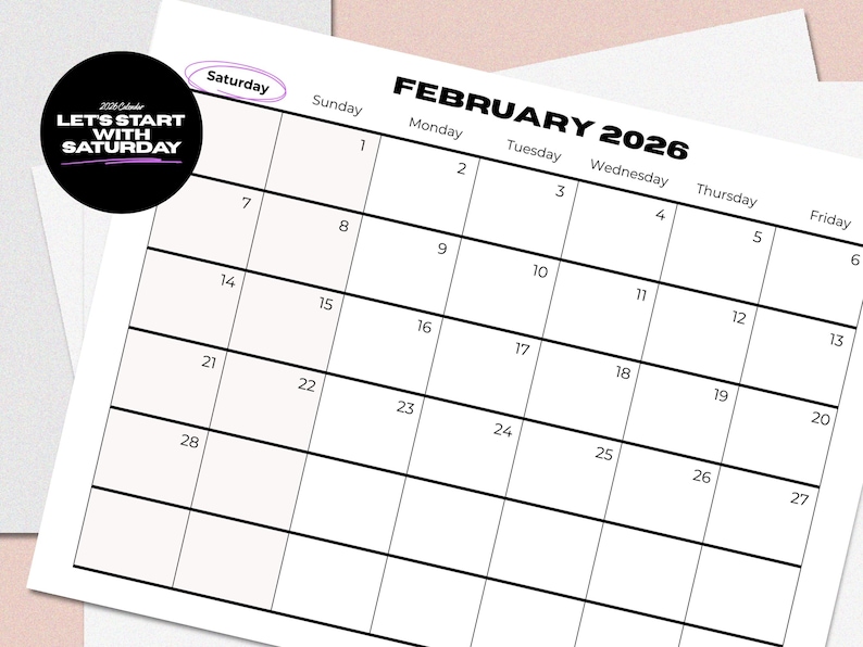 Saturday Start 2026 Monthly Calendar for Planning, Tracking, and ...