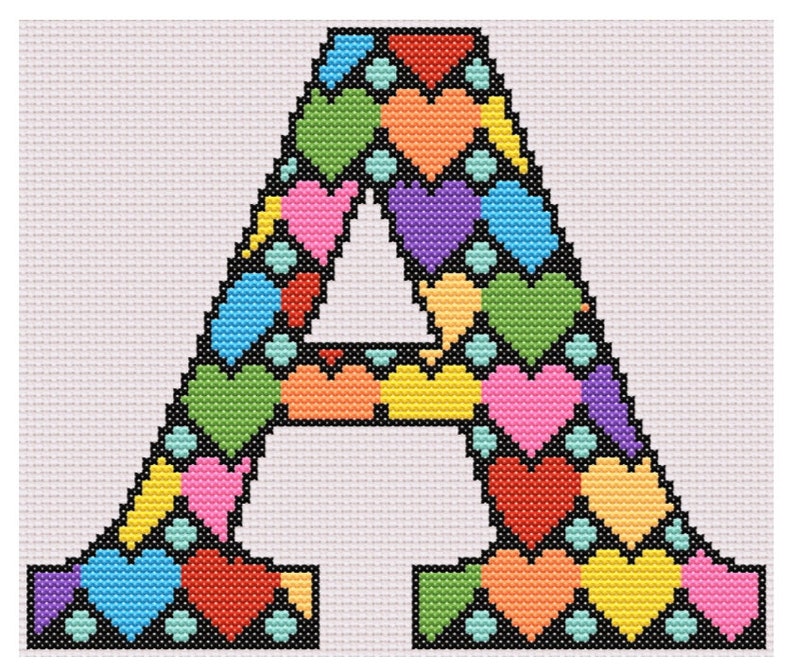 A of Hearts Alphabet Cross Stitch Chart, Modern Cross Stitch Alphabet ...