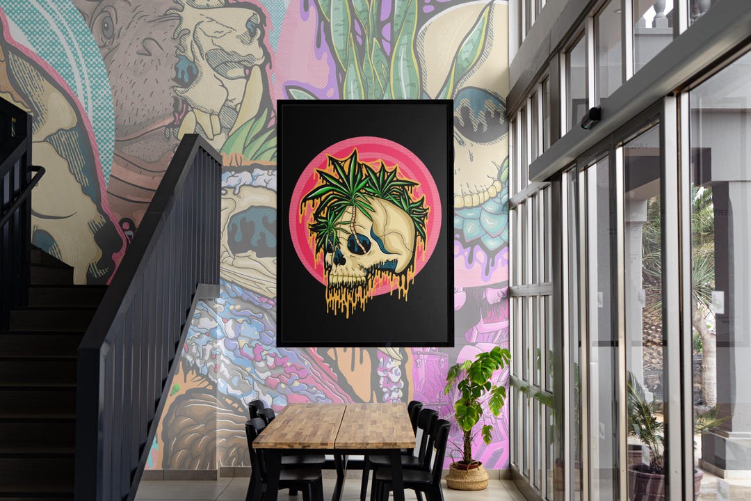 Drippy Tropical Skull Poster – Trippy Tropical Palm Skull Poster Print ...
