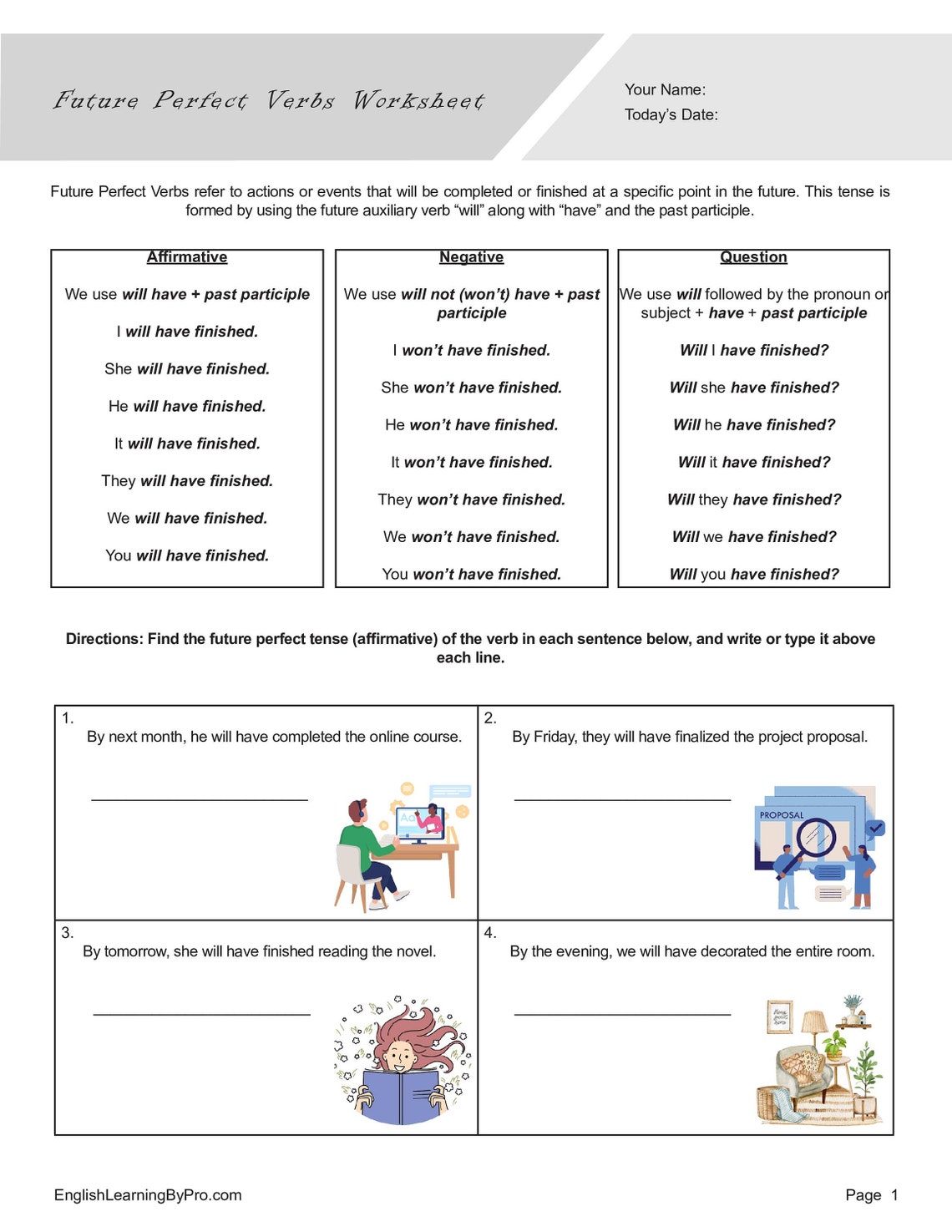 Future Perfect Verbs Worksheets Bundle for English Learners and English ...