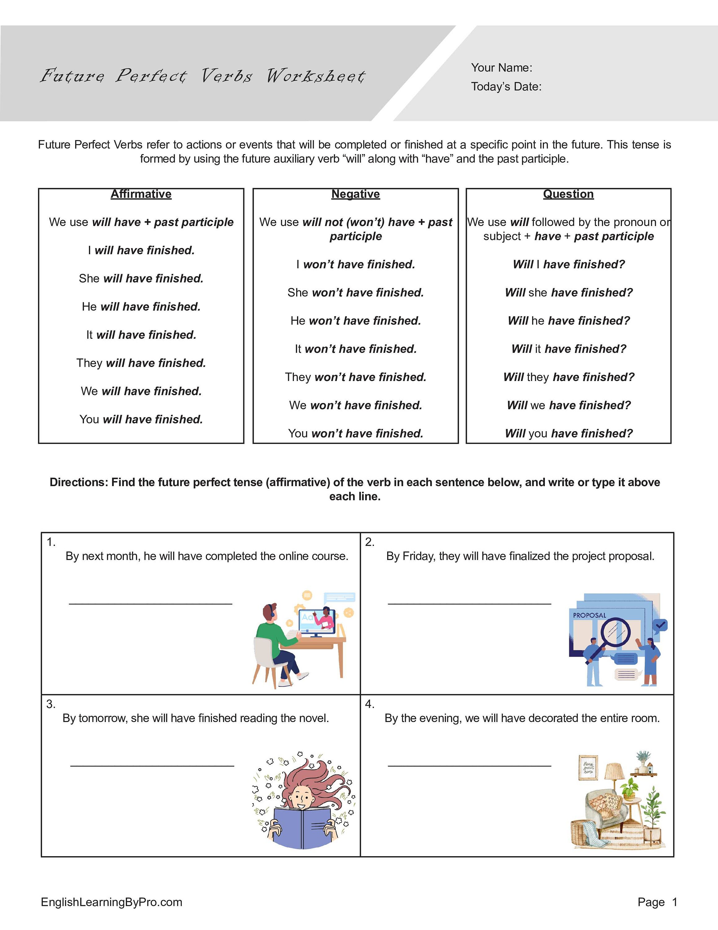 Future Perfect Verbs Worksheets Bundle for English Learners and English ...
