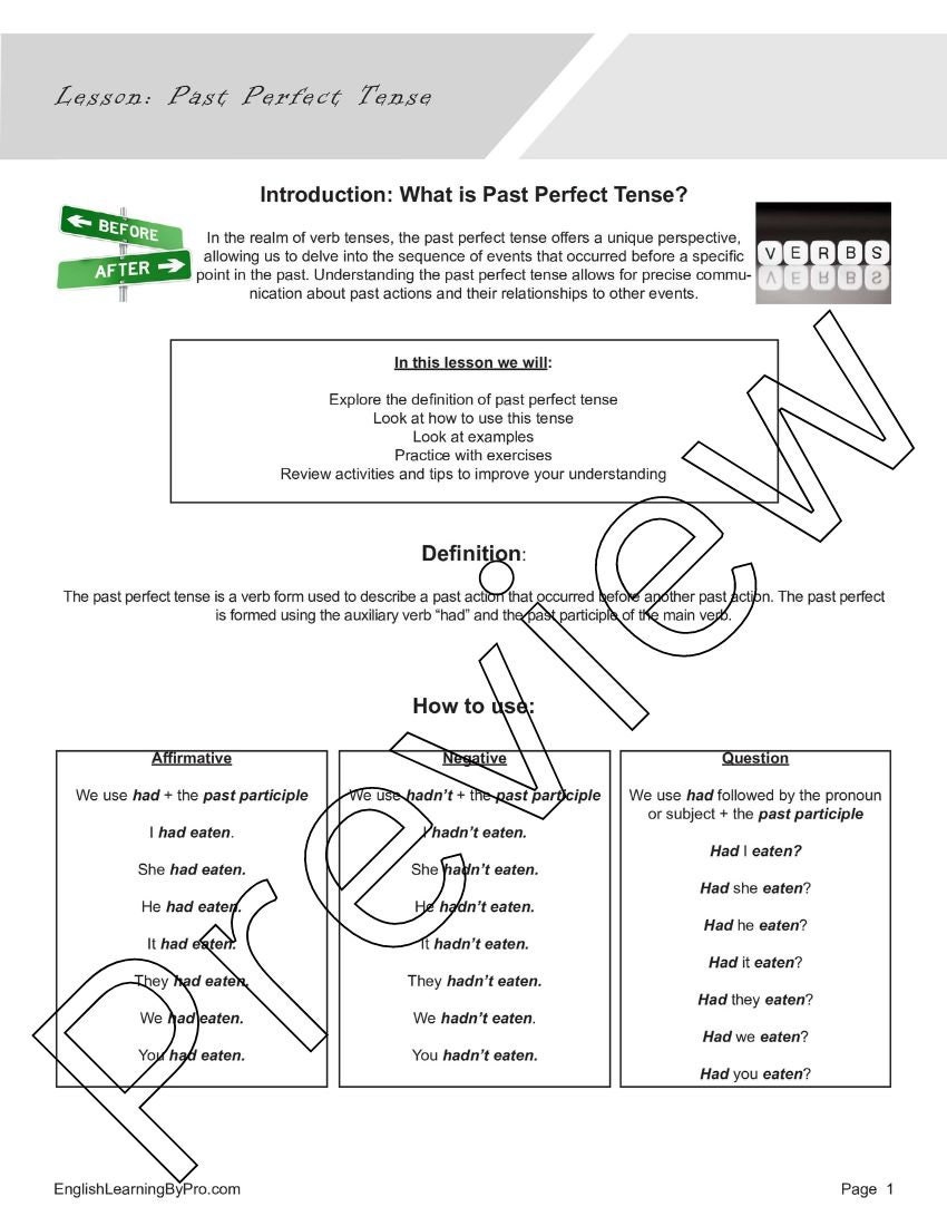 Past Perfect Tense Verbs Lesson: Introduction + 3 Worksheets (editable ...