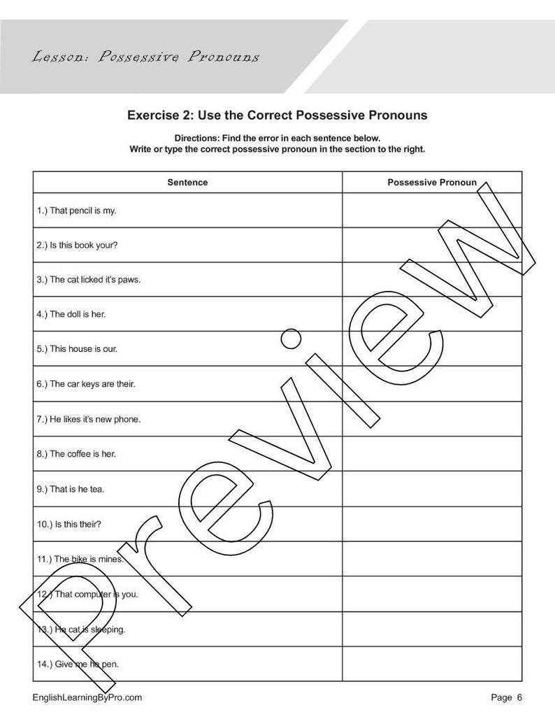 Possessive Pronouns Lesson: Introduction + 3 Worksheets (editable ...