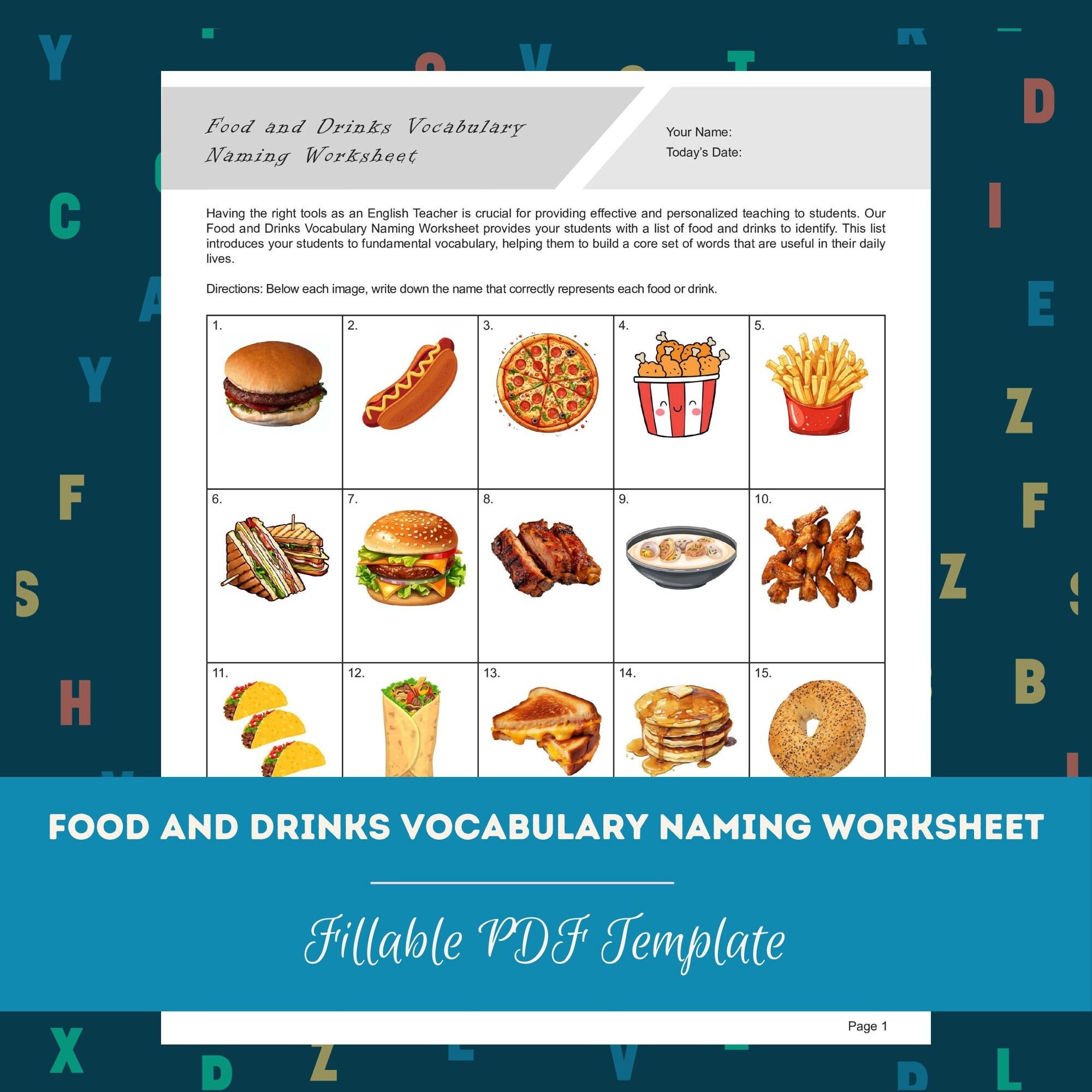 Food and Drinks Vocabulary Naming Worksheet for English Learners and ...