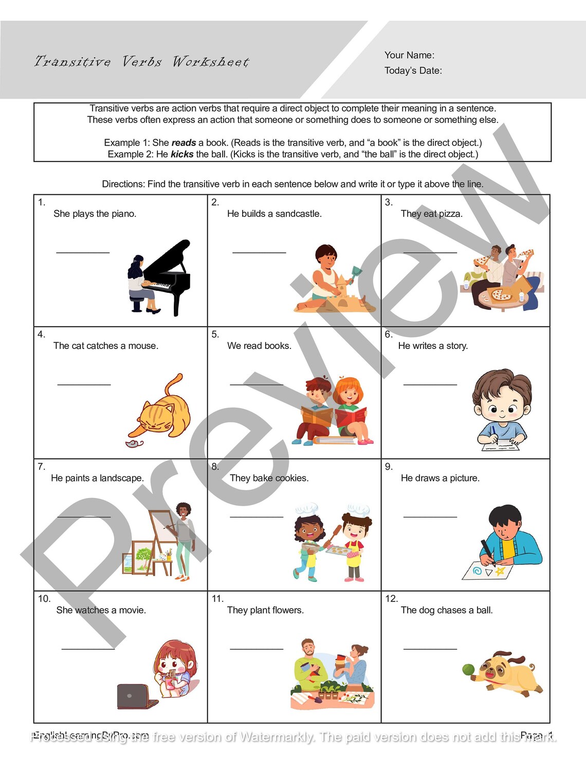 Transitive Verbs Worksheets Bundle for English Learners and English ...