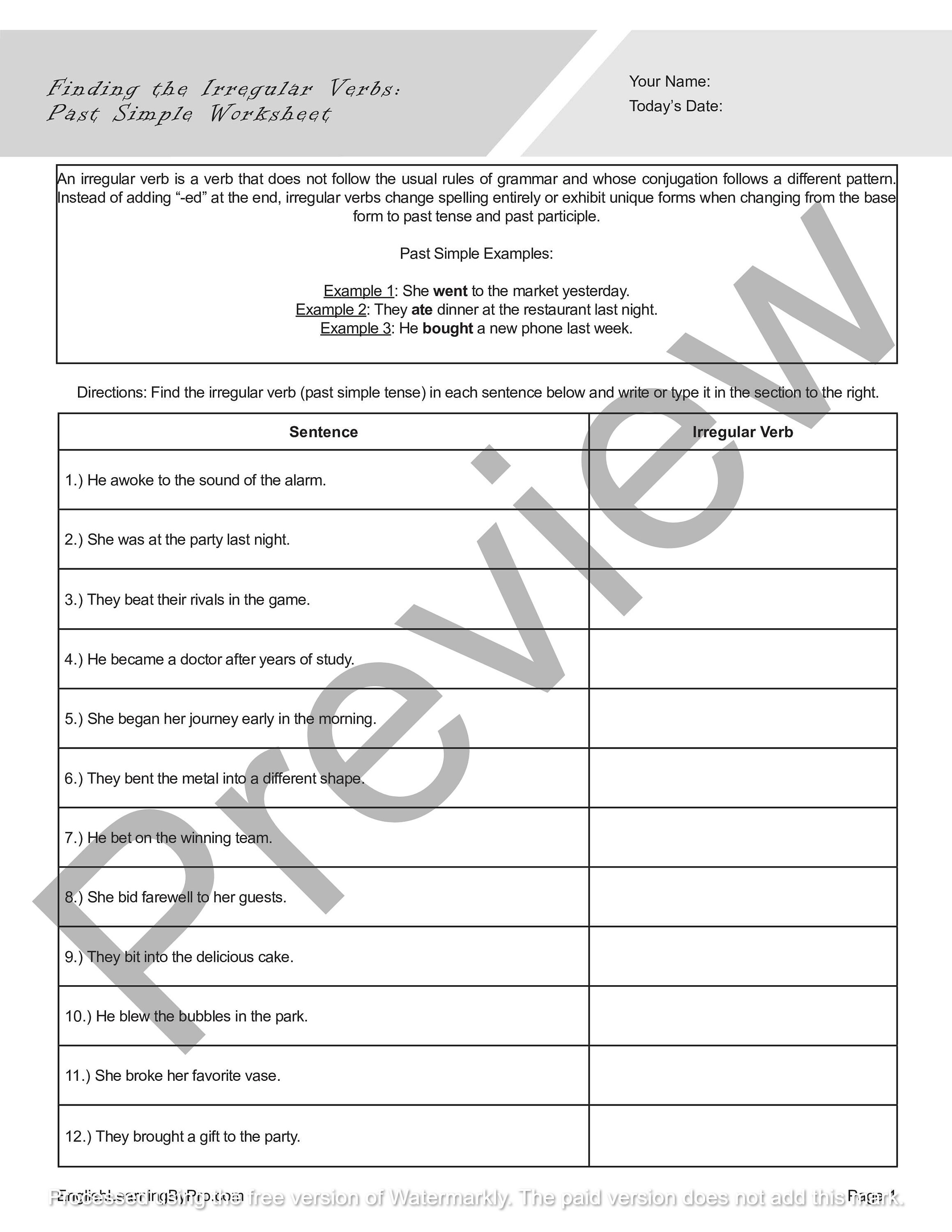 Irregular Verbs Worksheets Bundle for English Learners and English ...