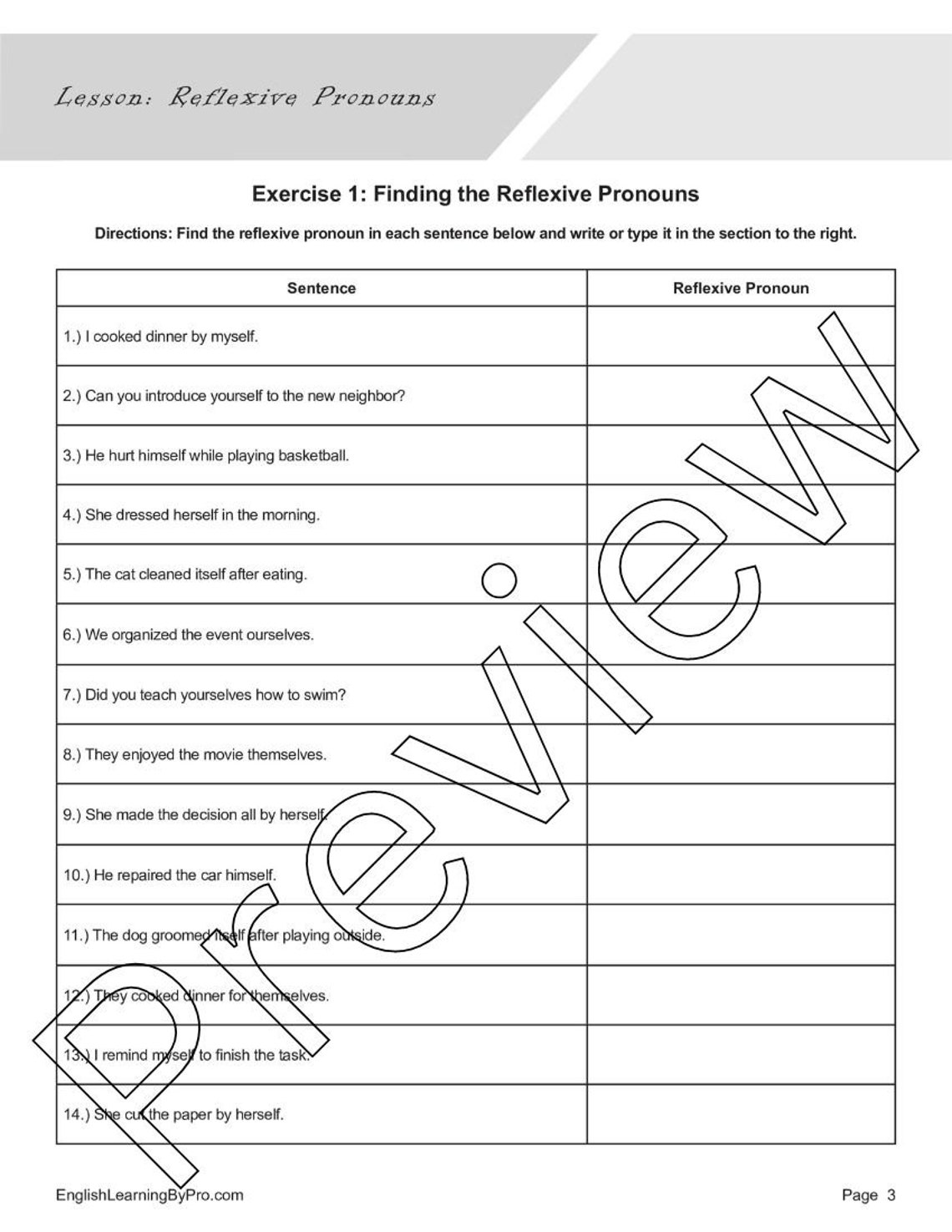 Reflexive Pronouns Lesson: Introduction 3 Worksheets editable, Fillable ...