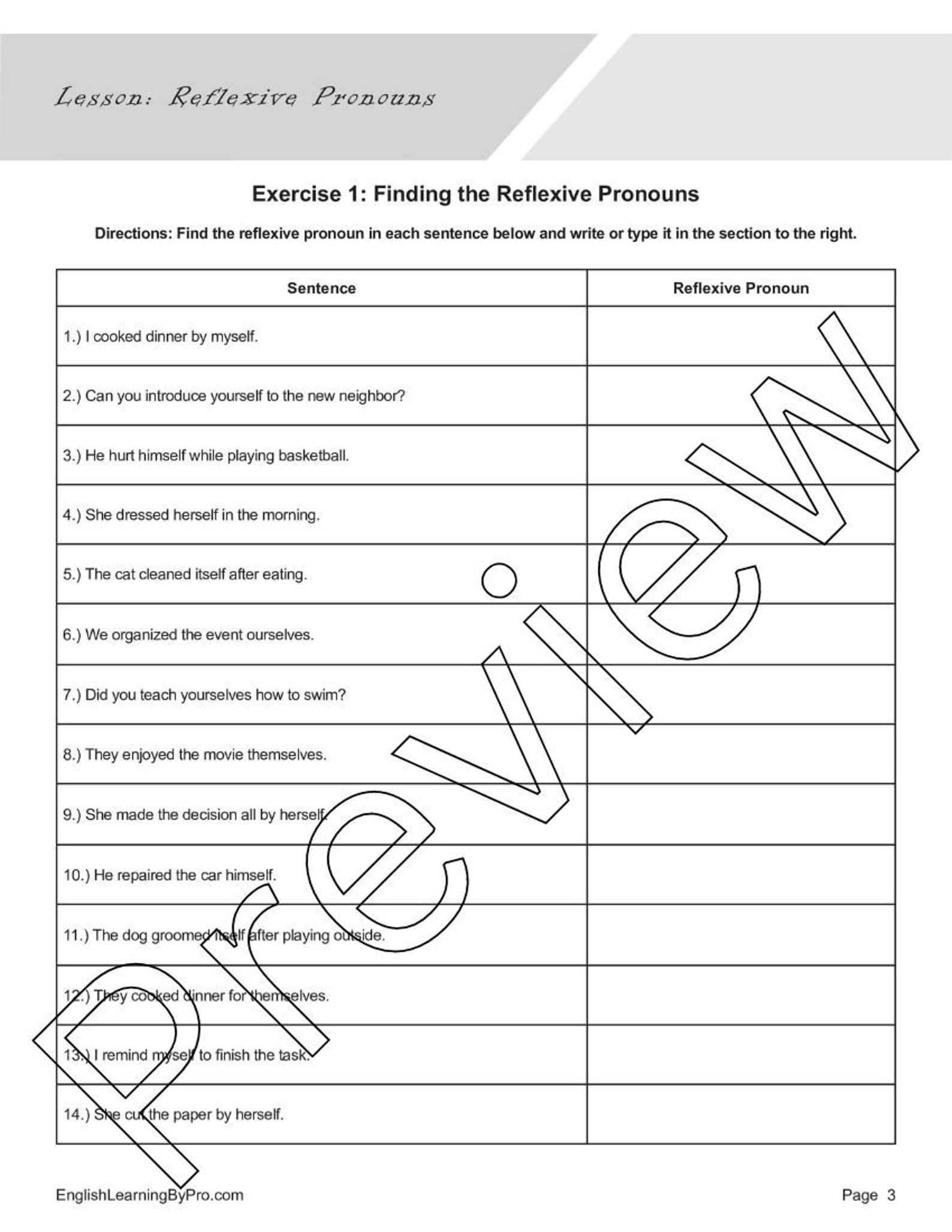 Reflexive Pronouns Lesson: Introduction + 3 Worksheets (editable ...