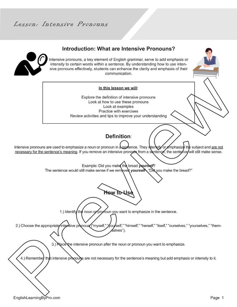 Intensive Pronouns Lesson: Introduction + 3 Worksheets (editable ...