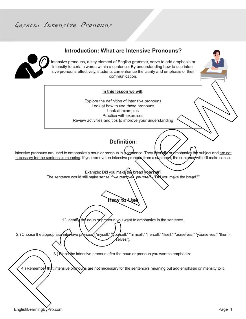 Intensive Pronouns Lesson: Introduction 3 Worksheets editable, Fillable ...