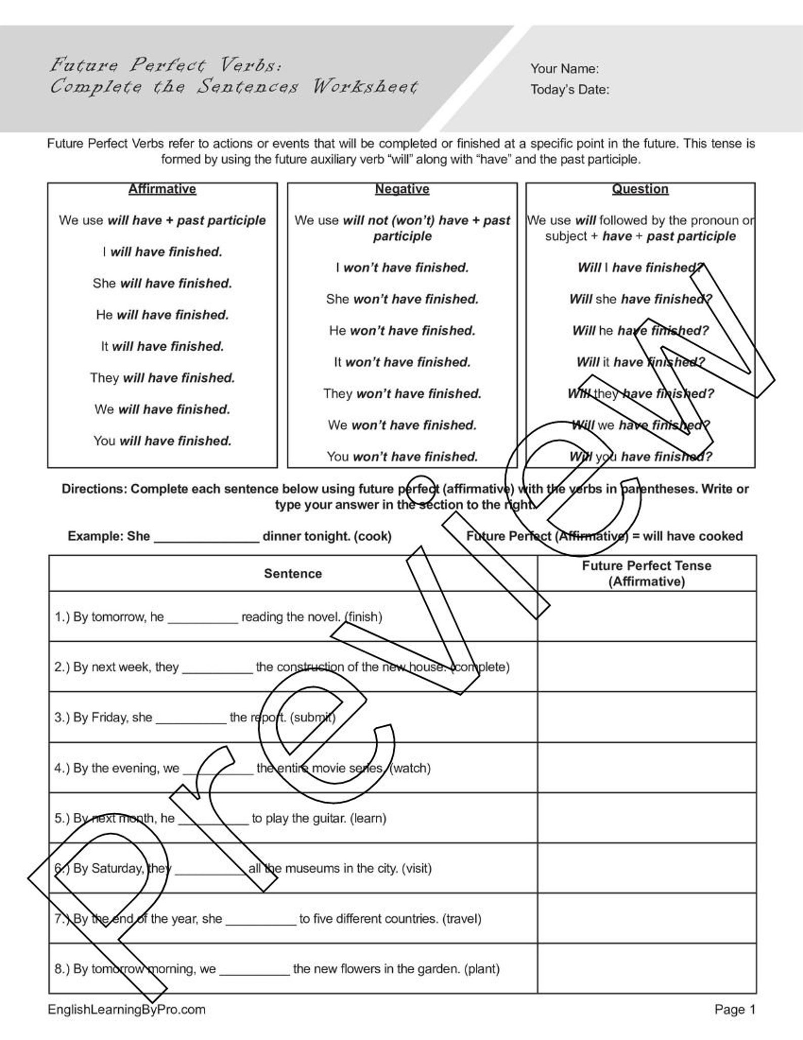 Future Perfect Verbs Worksheets Bundle for English Learners and English ...