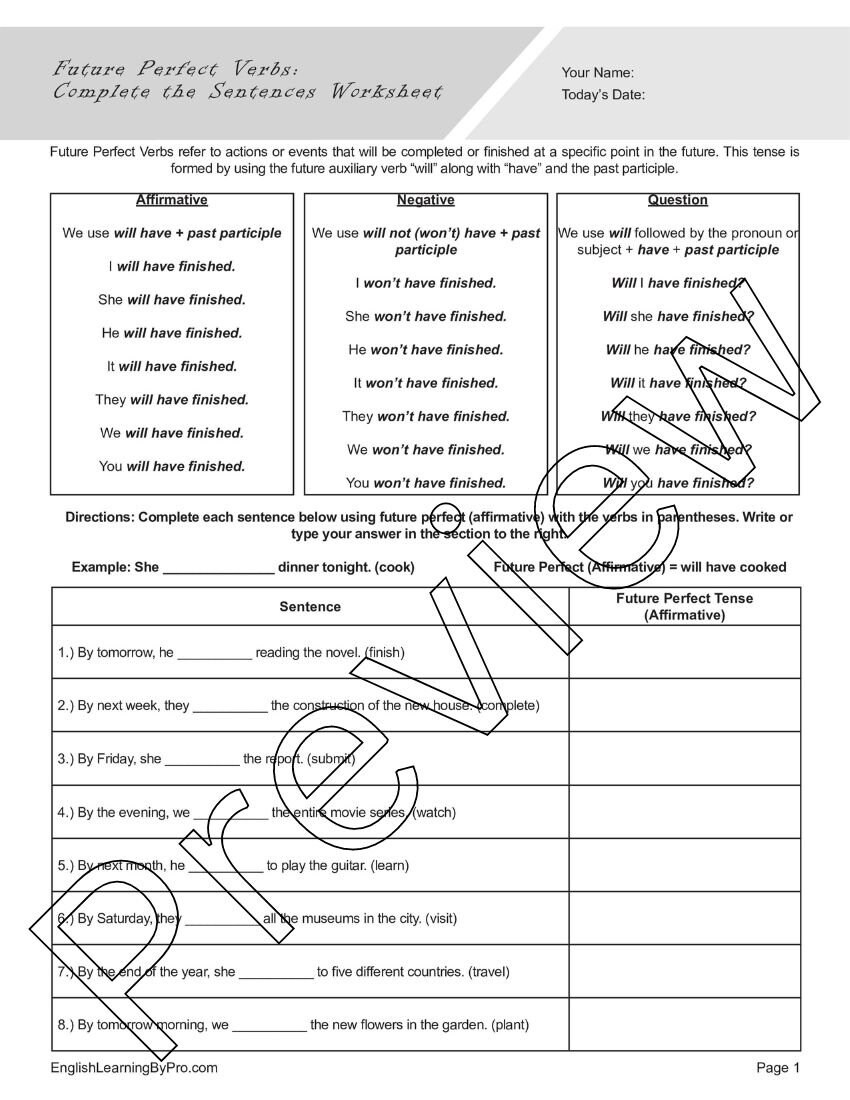 Future Perfect Verbs Worksheets Bundle for English Learners and English ...