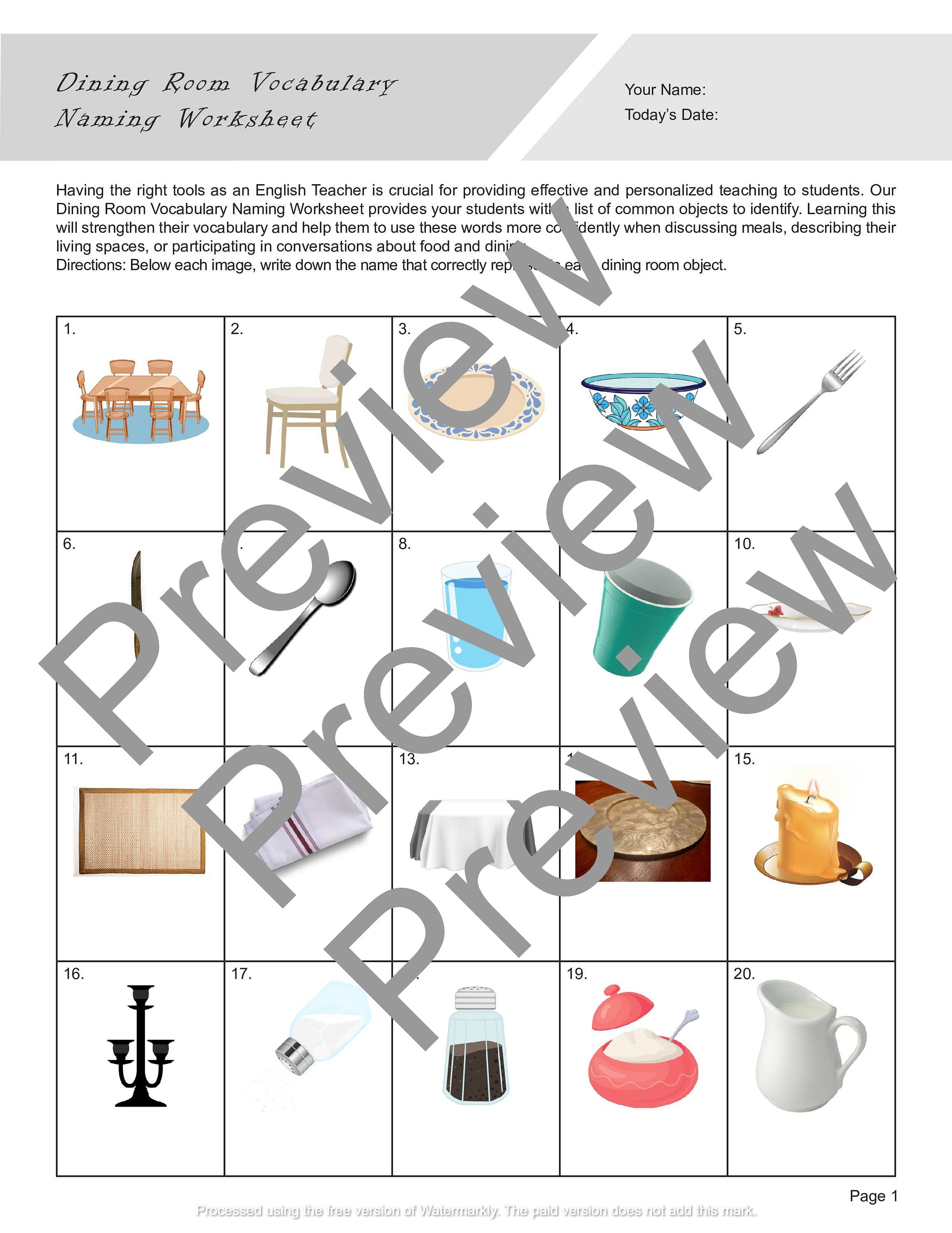 Dining Room Vocabulary Naming Worksheet for English Learners and ...