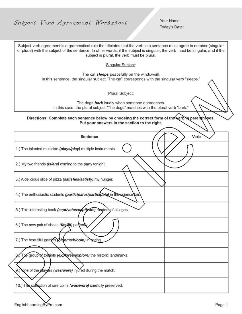 Subject Verb Agreement Worksheets for English Learners and English ...