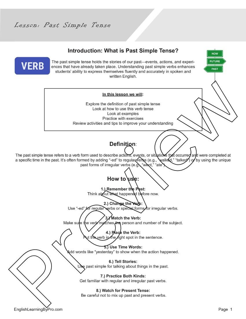Past Simple Tense Verbs Lesson: Introduction + 3 Worksheets (editable ...