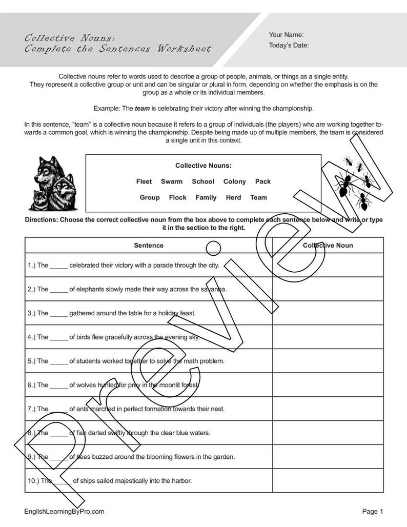 Collective Nouns Worksheets Bundle for English Learners and English ...