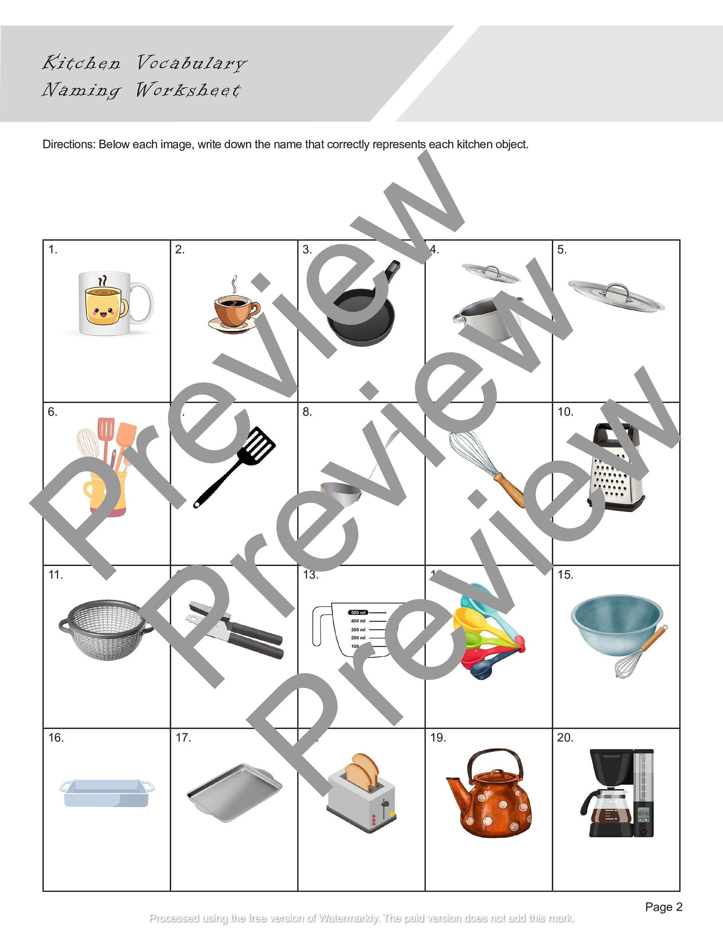 Kitchen Vocabulary Naming Worksheet for English Learners and English ...