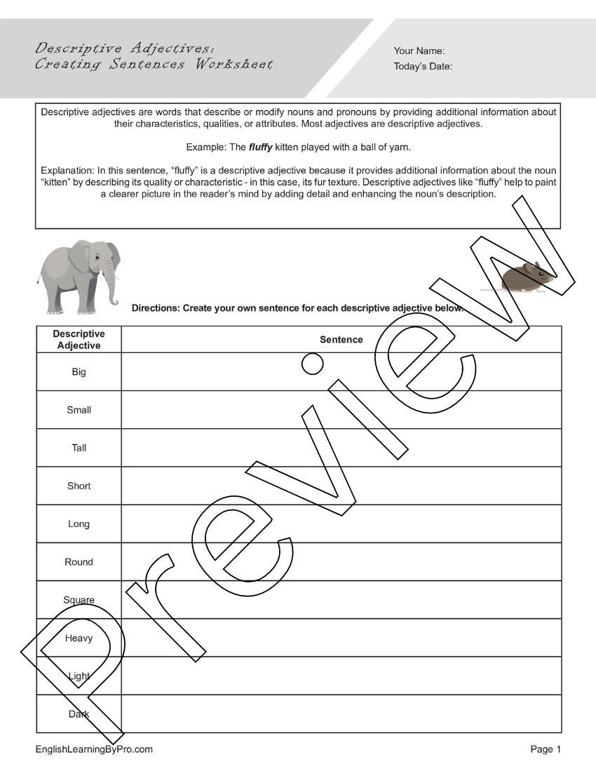 Descriptive Adjectives Worksheets Bundle for English Learners and ...
