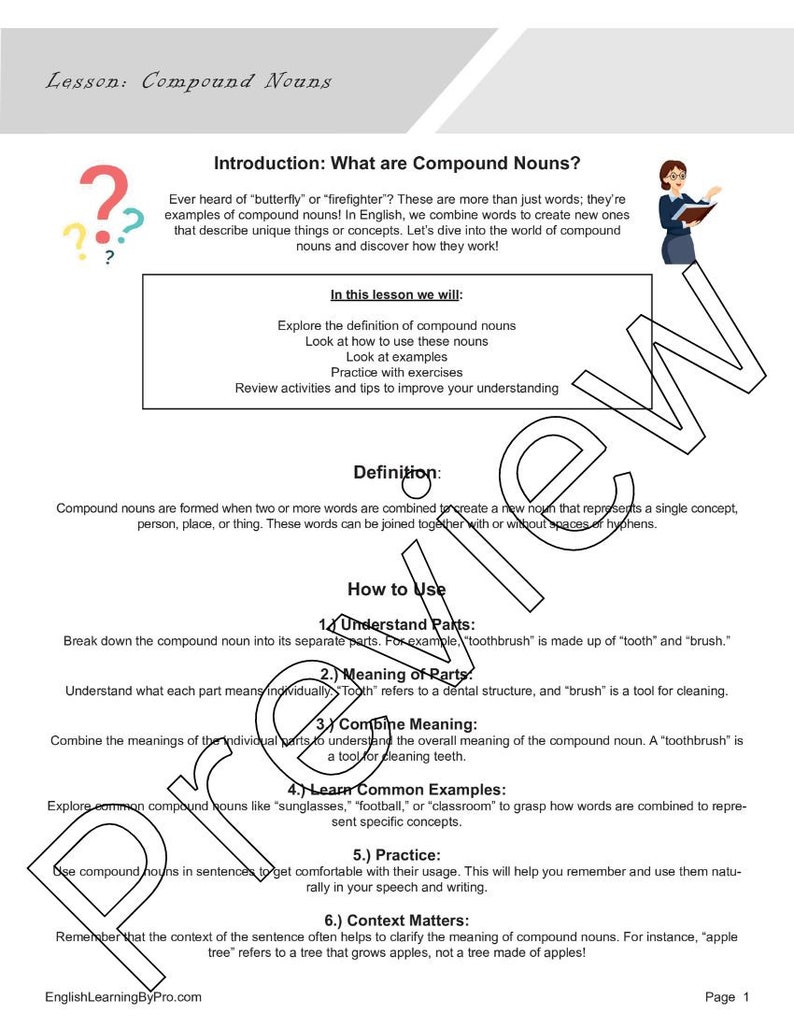 Compound Nouns Lesson: Introduction + 4 Worksheets (editable, Fillable ...