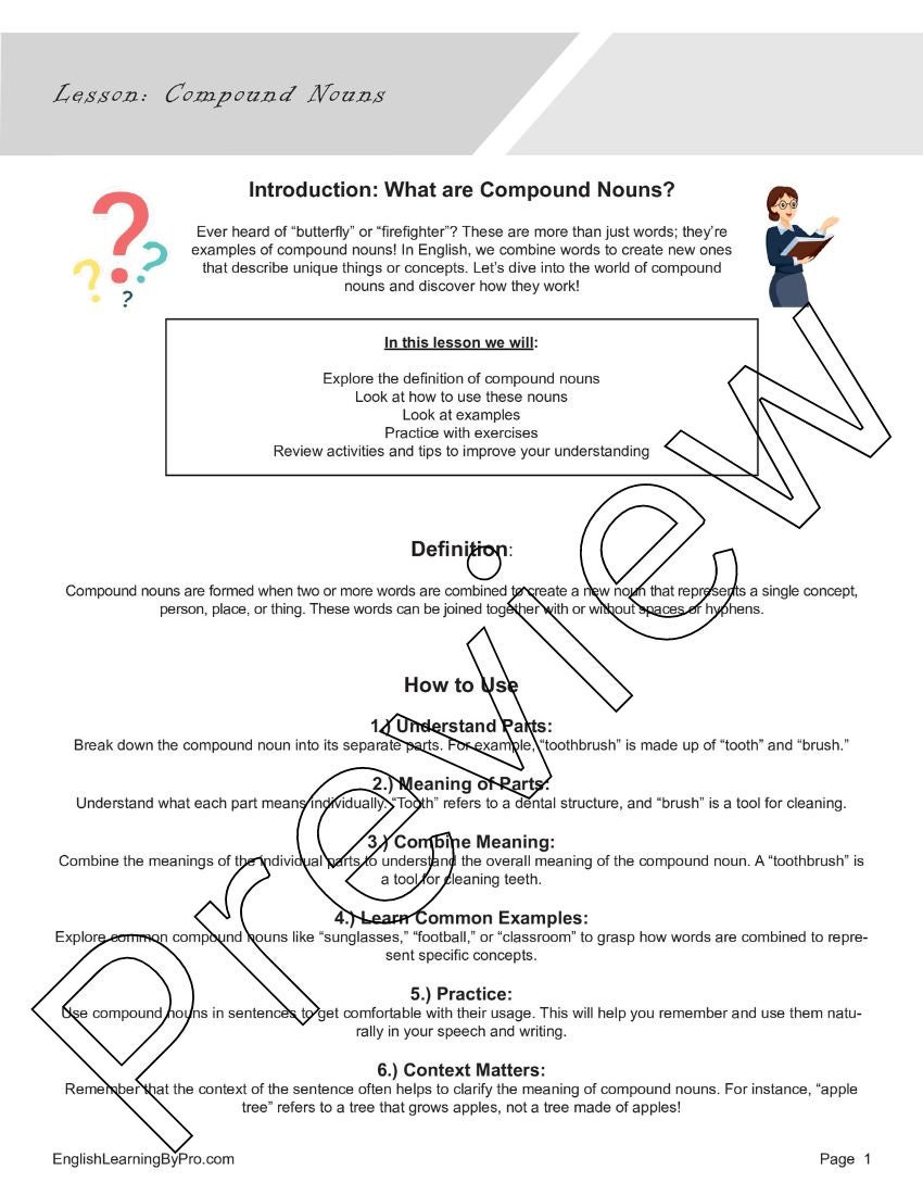 Compound Nouns Lesson: Introduction + 4 Worksheets (editable, Fillable ...