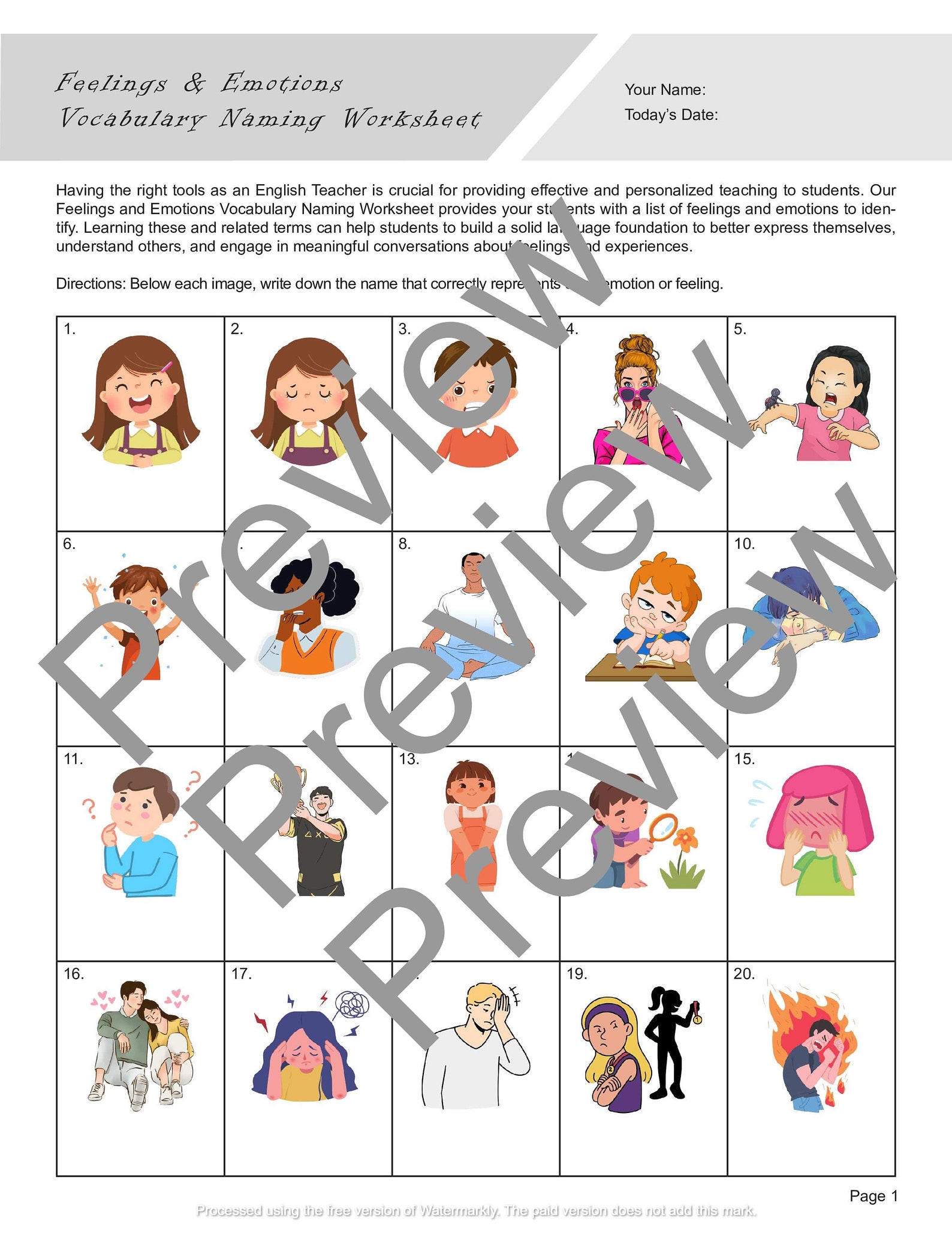Feelings and Emotions Vocabulary Naming Worksheet for English Learners ...