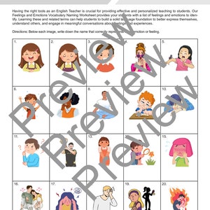 Feelings and Emotions Vocabulary Naming Worksheet for English Learners ...