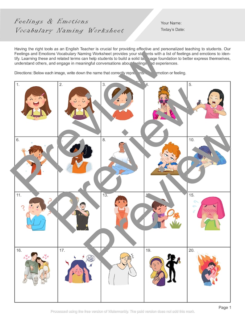 Feelings and Emotions Vocabulary Naming Worksheet for English Learners ...