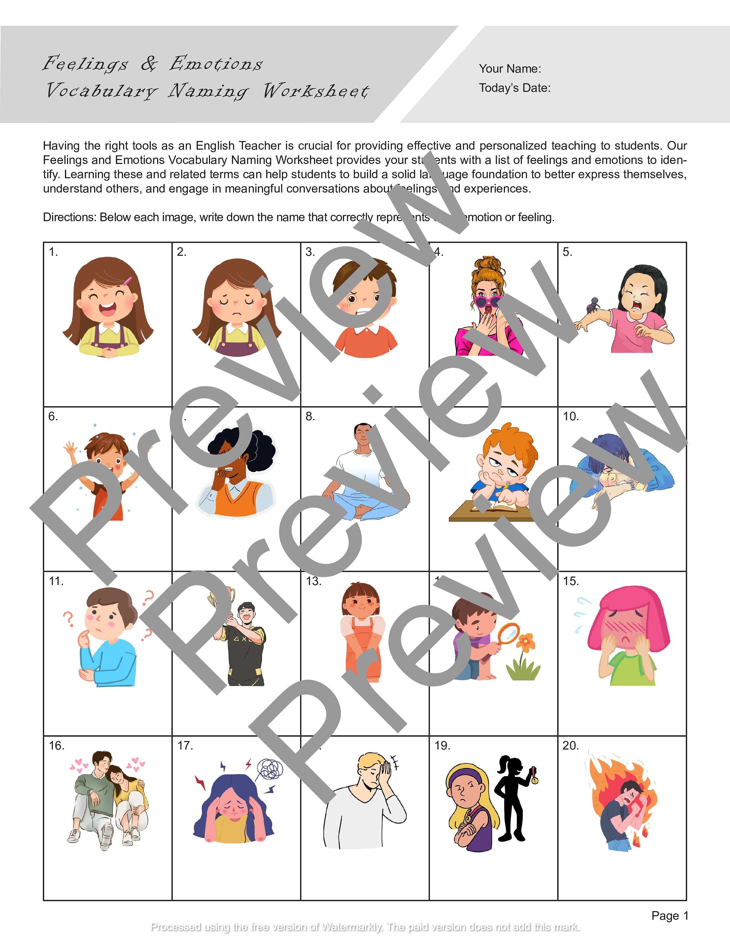 Feelings and Emotions Vocabulary Naming Worksheet for English Learners ...