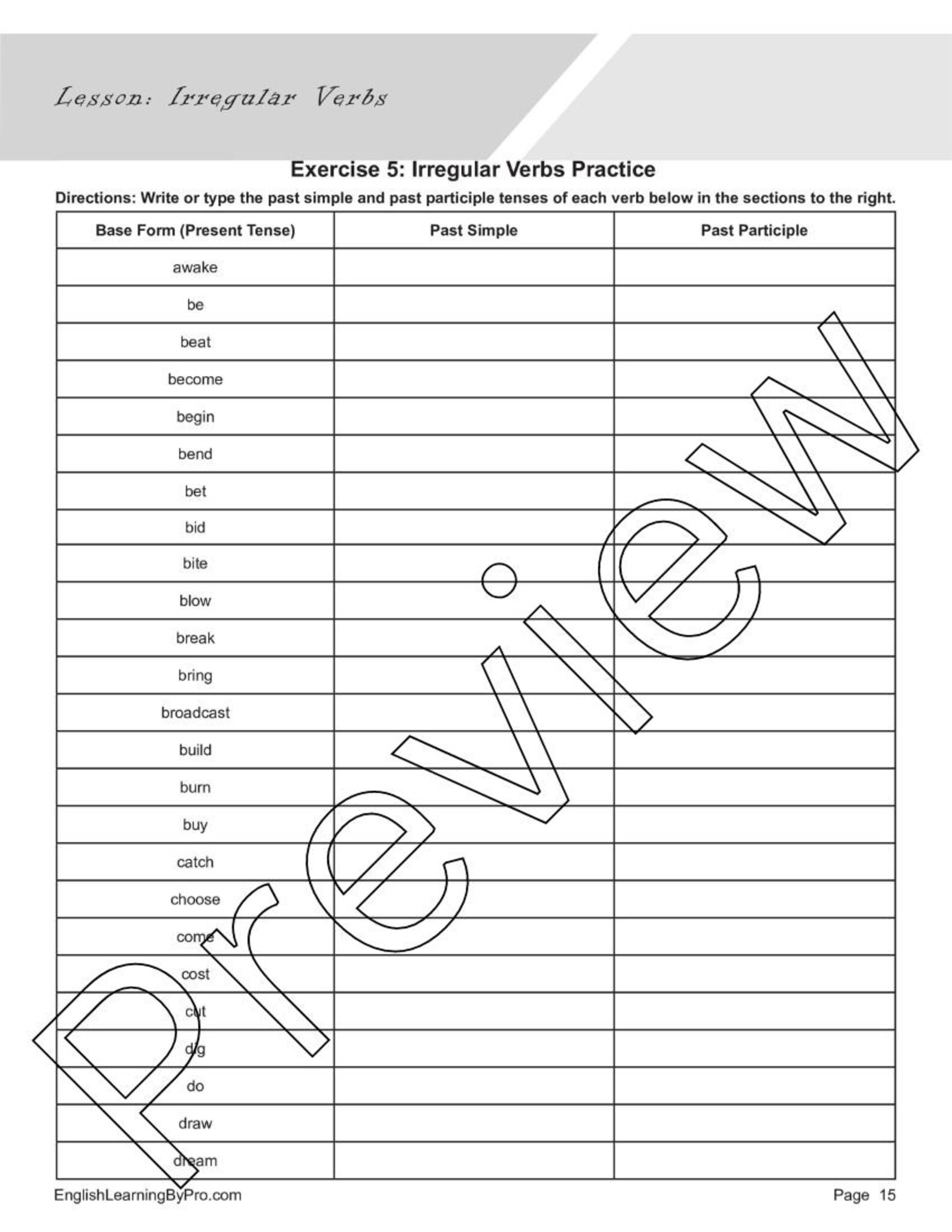 Irregular Verbs Lesson: Introduction 5 Worksheets editable, Fillable ...
