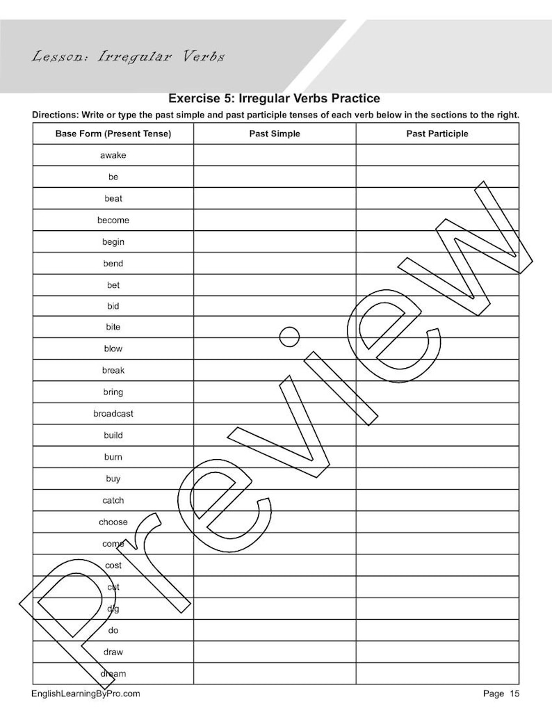 Irregular Verbs Lesson: Introduction 5 Worksheets editable, Fillable ...
