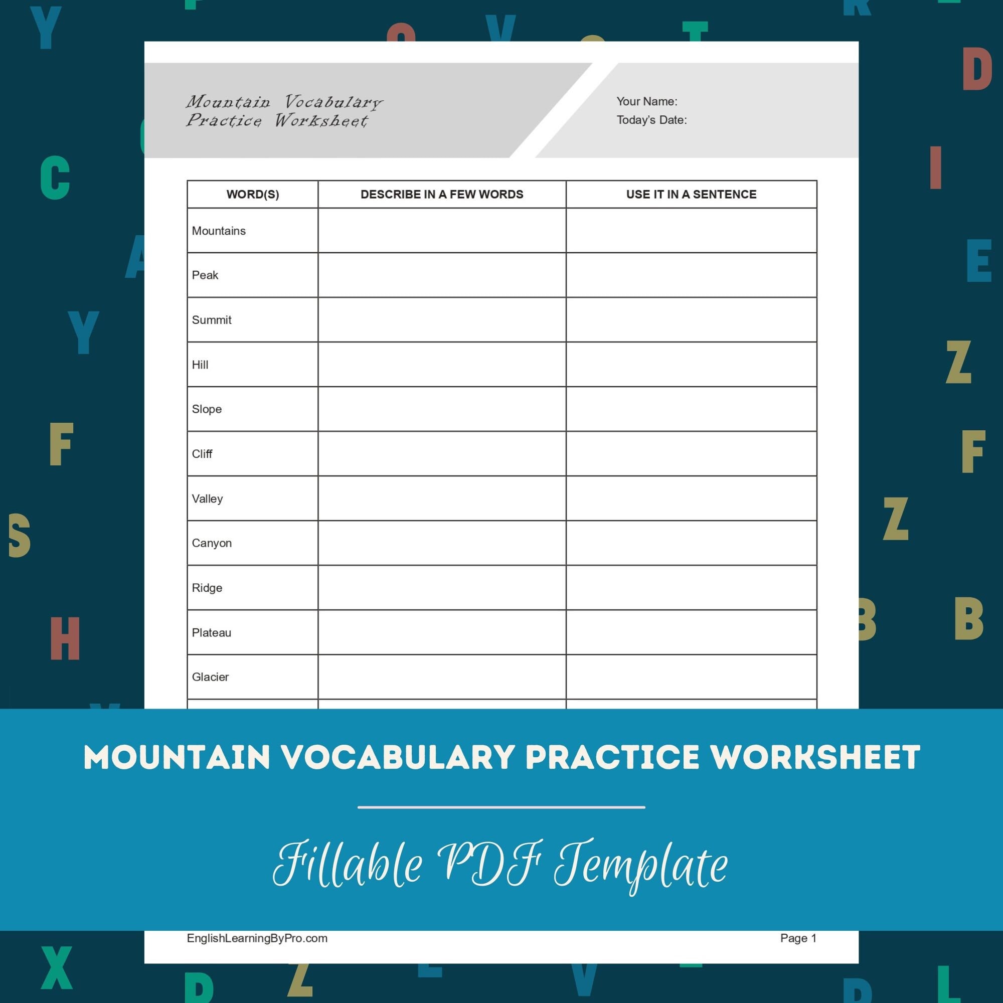 Mountain Vocabulary Practice Worksheet for English Learners and English ...