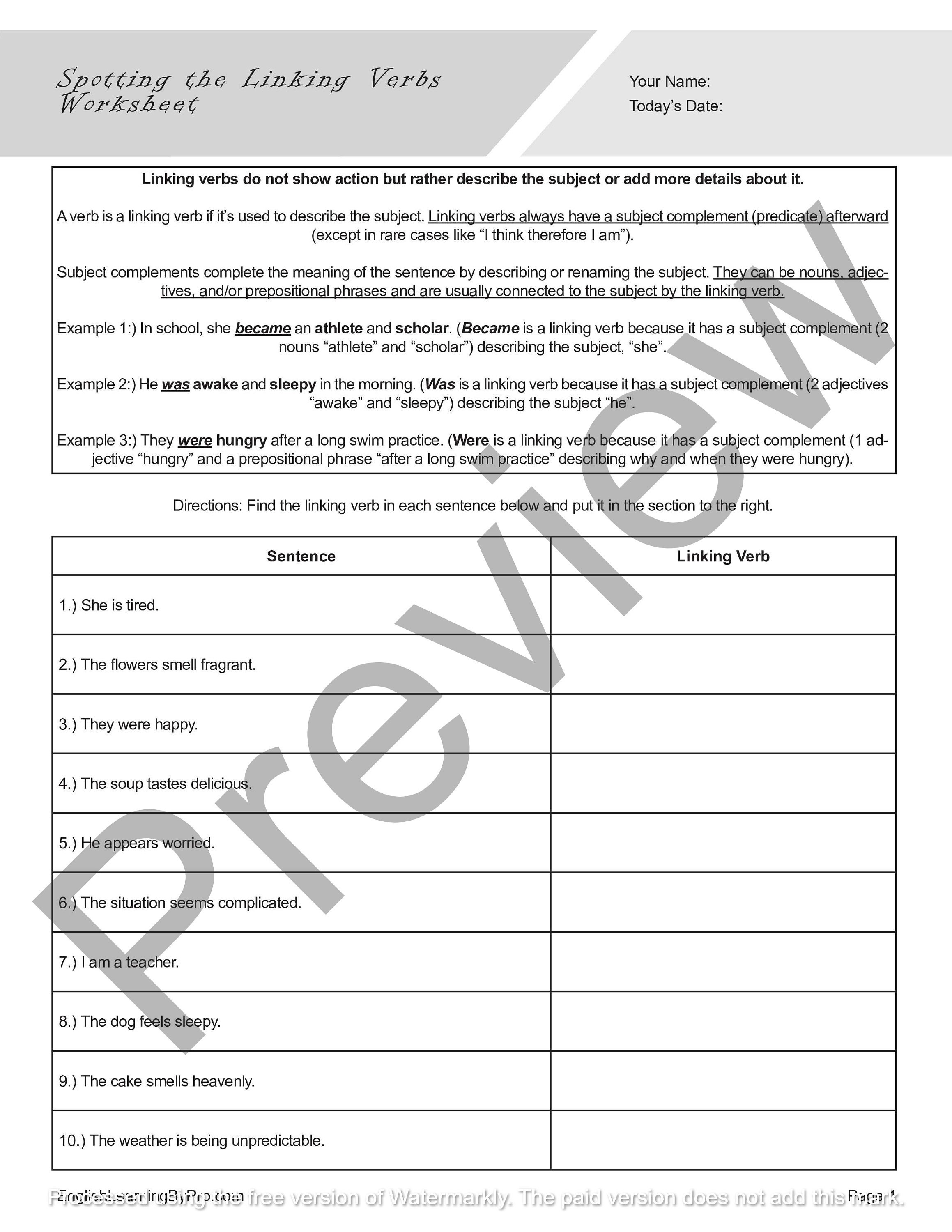 Linking Verbs Worksheets Bundle for English Learners and English ...