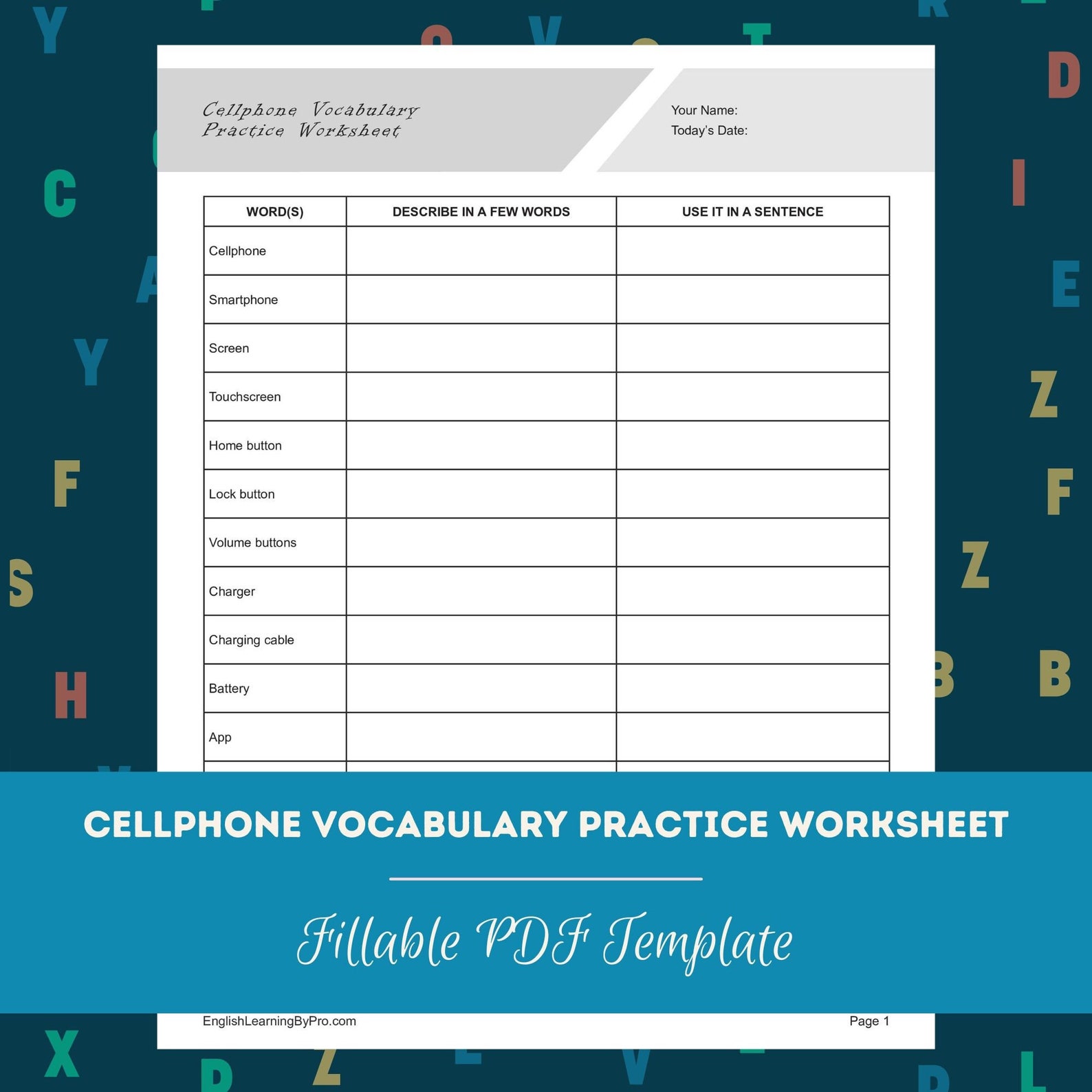 Cellphone Vocabulary Practice Worksheet for English Learners and ...