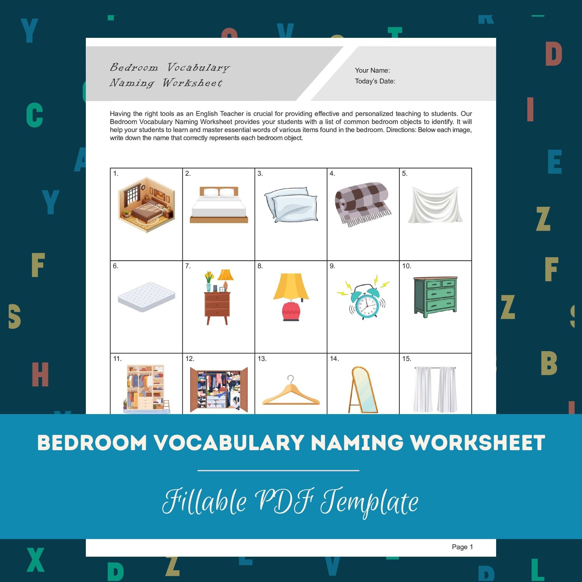 Bedroom Vocabulary Naming Worksheet for English Learners and English ...