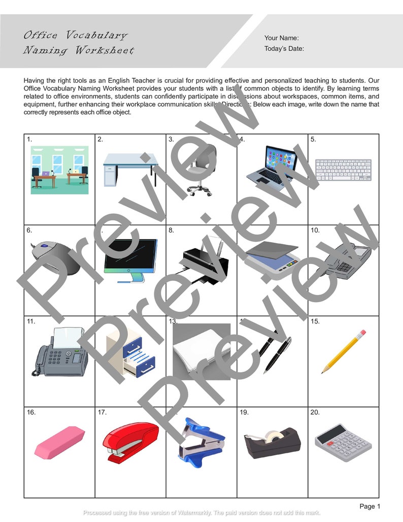 Office Vocabulary Naming Worksheet for English Learners and English ...