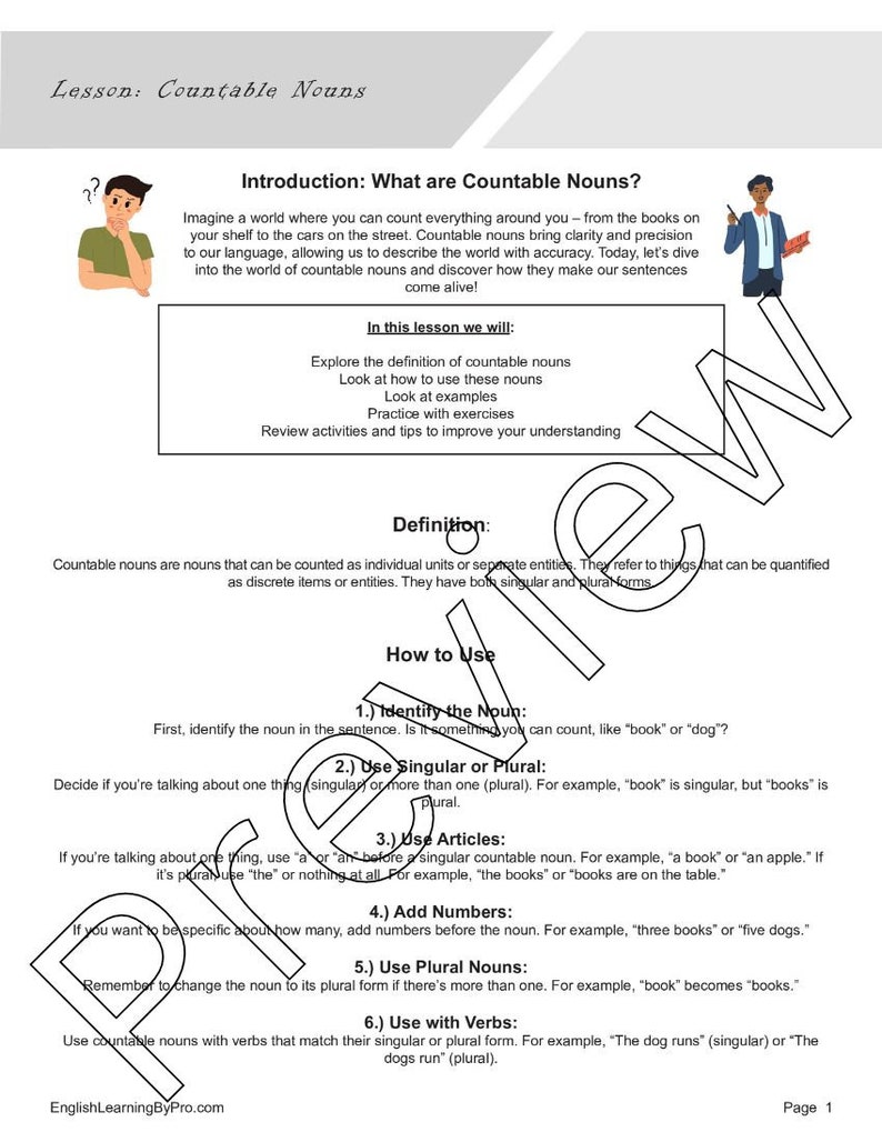 Countable Nouns Lesson: Introduction 4 Worksheets editable, Fillable ...