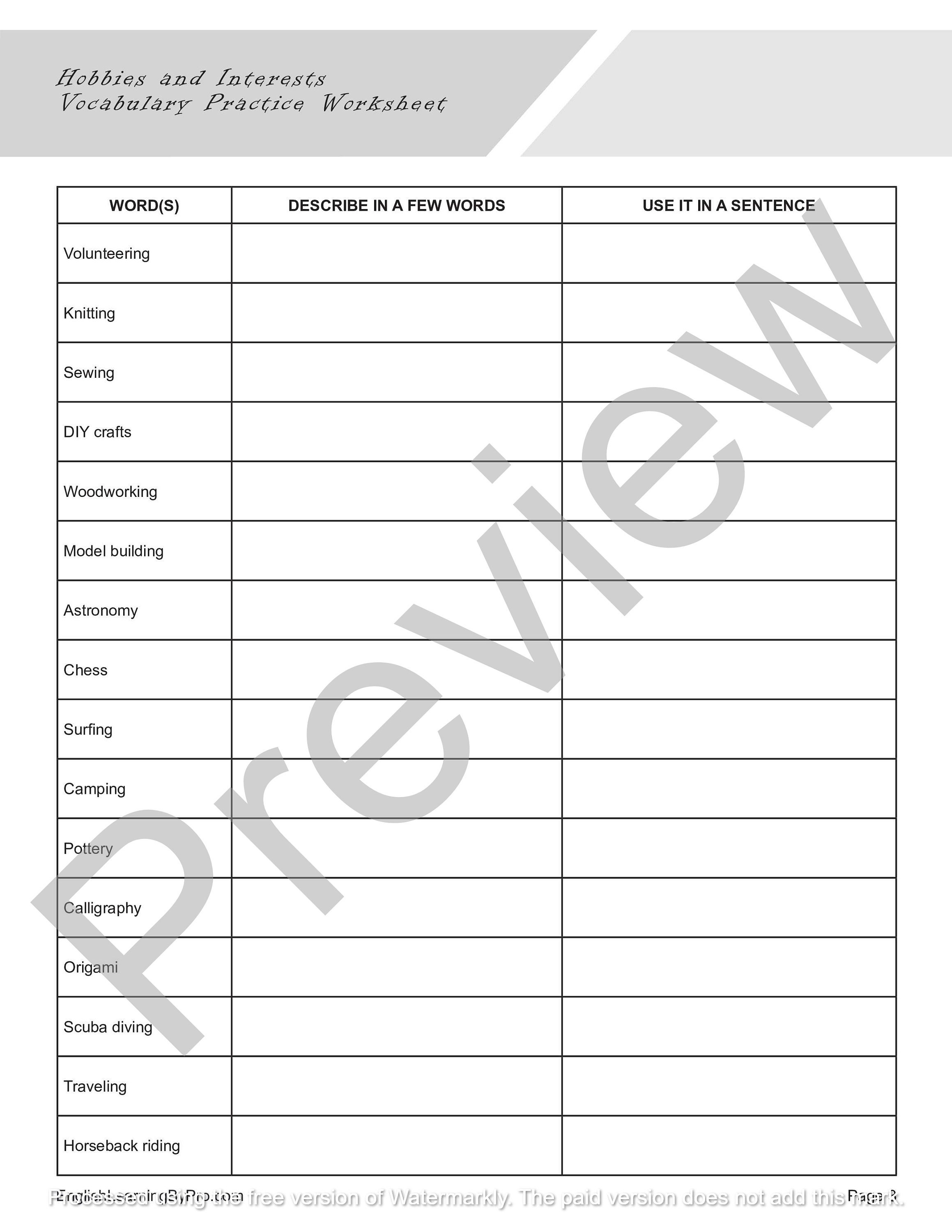 Hobbies and Interests Vocabulary Worksheet for English Learners and ...