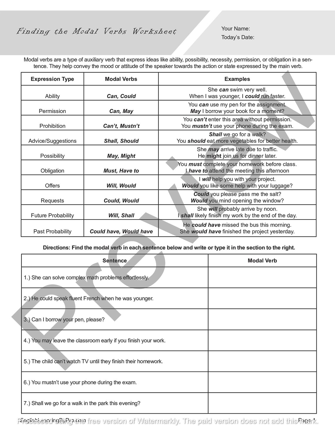 Modal Verbs Worksheets Bundle for English Learners and English Teachers ...