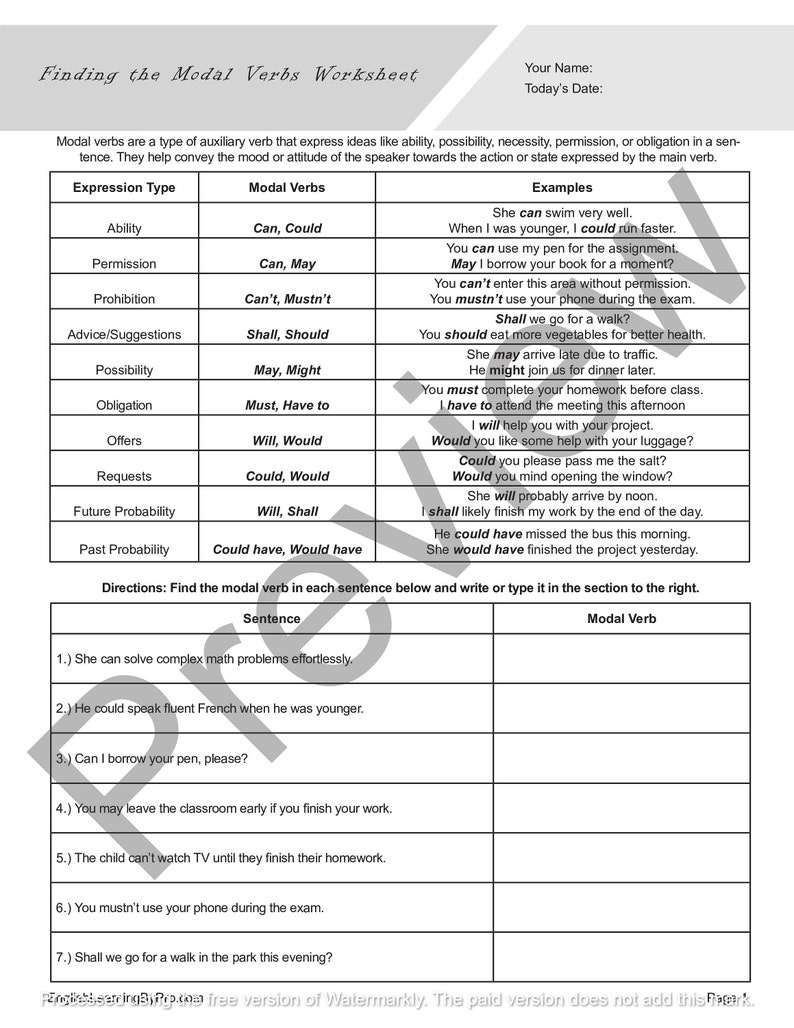 Modal Verbs Worksheets Bundle for English Learners and English Teachers ...