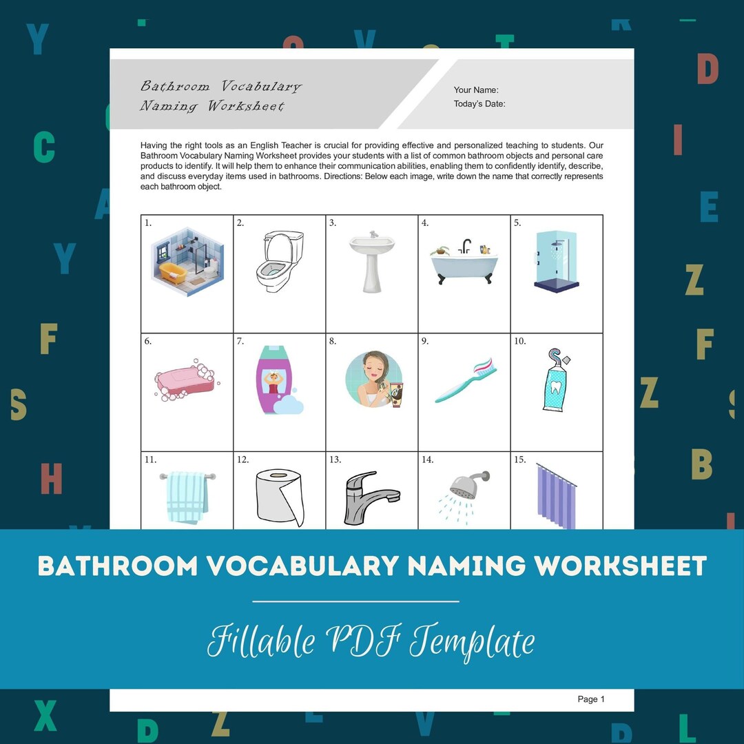 Bathroom Vocabulary Naming Worksheet for English Learners and English ...