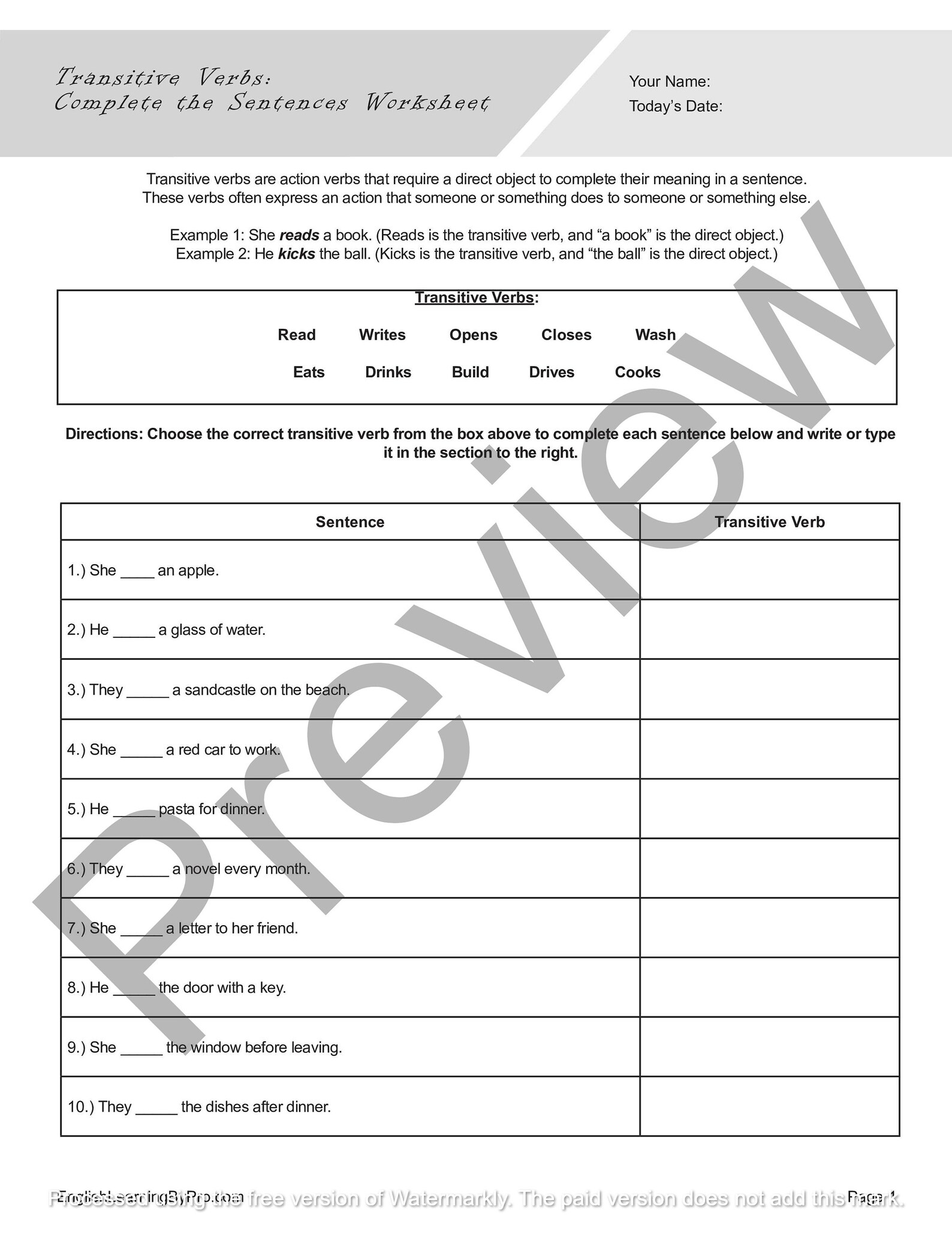 Transitive Verbs Worksheets Bundle for English Learners and English ...