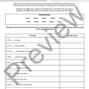 Transitive Verbs Worksheets Bundle for English Learners and English ...