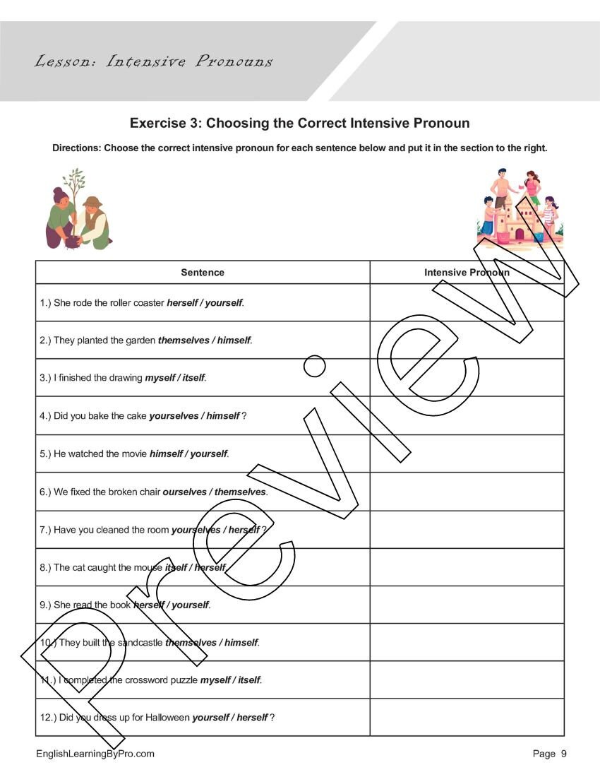 Intensive Pronouns Lesson: Introduction 3 Worksheets editable, Fillable ...