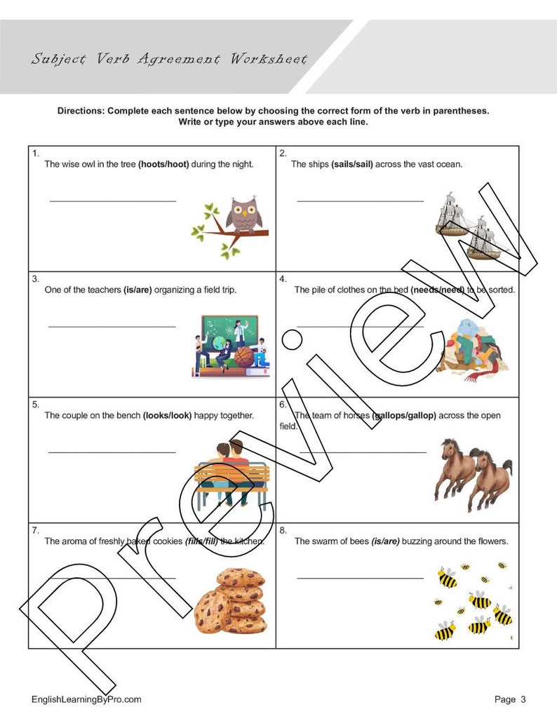 Subject Verb Agreement Worksheets for English Learners and English ...