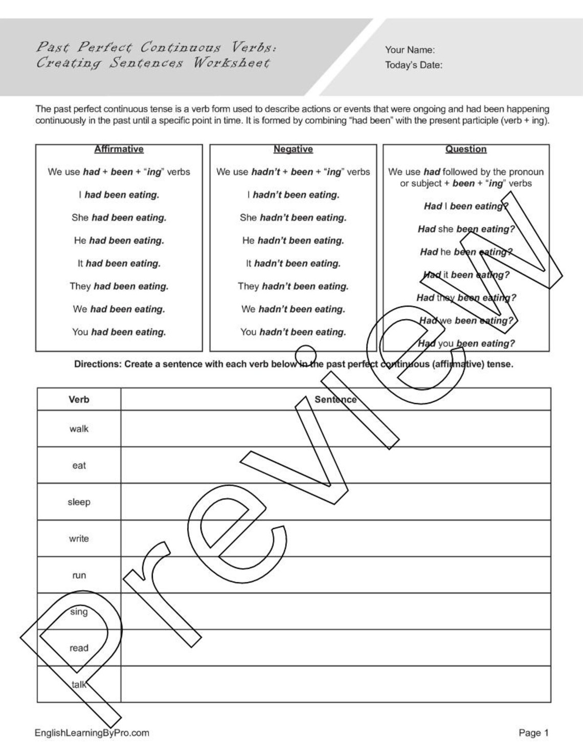 Past Perfect Continuous Worksheets Bundle for English Learners and ...