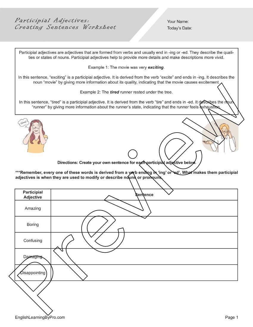 Participial Adjectives Worksheets Bundle for English Learners and ...