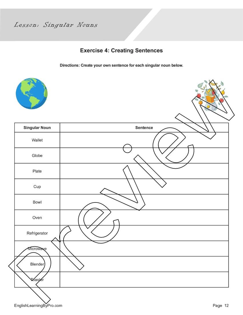 Singular Nouns Lesson: Introduction + 4 Worksheets (editable, Fillable ...