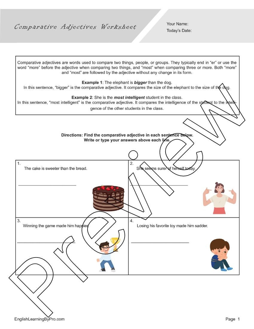 Comparative Adjectives Worksheets Bundle for English Learners and ...