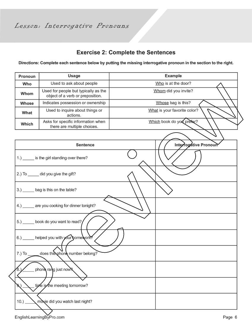 Interrogative Pronouns Lesson: Introduction + 2 Worksheets (editable ...