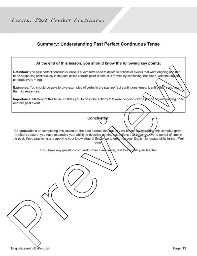 Past Perfect Continuous Tense Verbs Lesson: Introduction 3 Worksheets ...